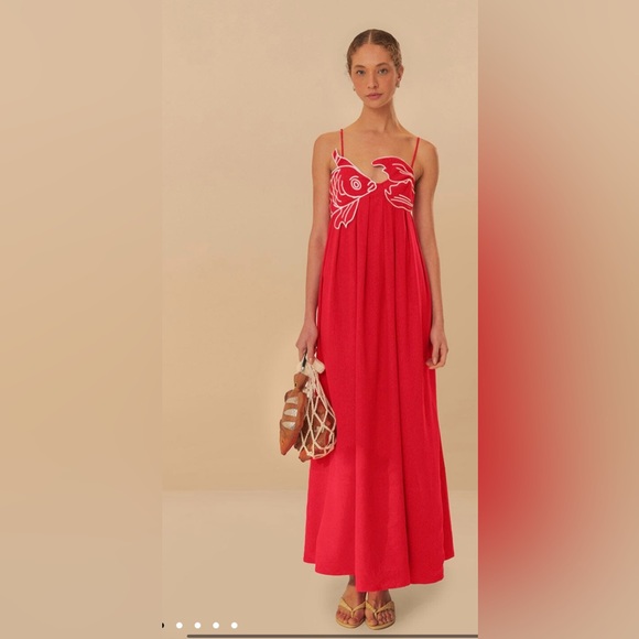 FARM Rio | Dresses | Farm Rio Vibrant Red Maxi Dress With Fish Detail ...